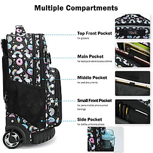 Tilami Rolling Backpack 19 inch with Lunch Bag Wheeled Laptop Backpack, Unicorn Cute
