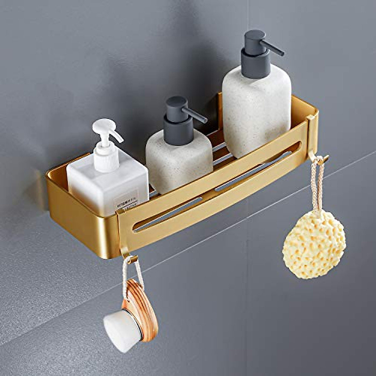Brushed Gold Shower Shelf Adhesive or Drilling Shower Caddy Bathroom Cosmetic Shelf with Hooks