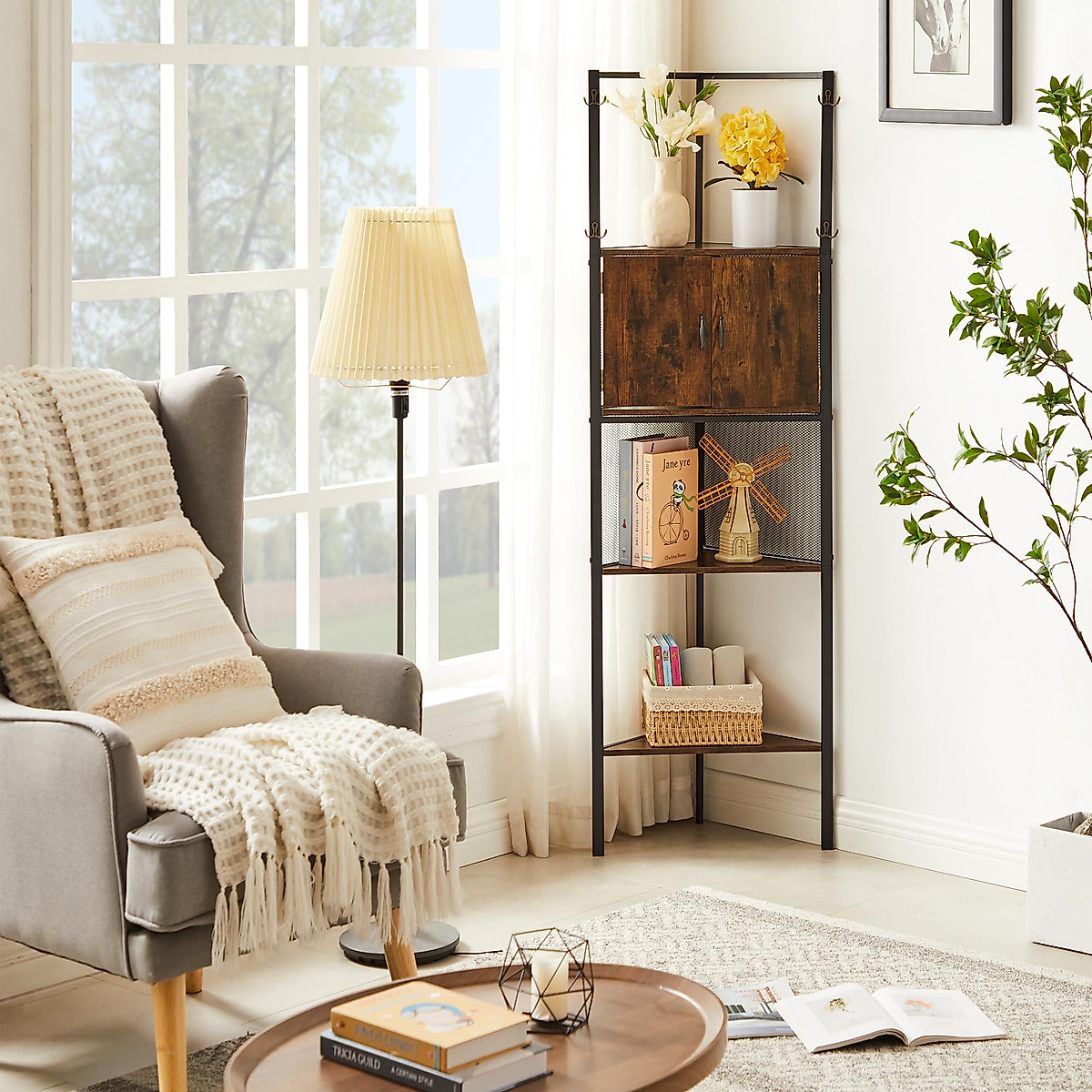 VECELO Corner Cabinet, Tall Storage Shelf, Bookshelf Display Shelves Rack for Living Room, Kitchen, Balcony, Small Space