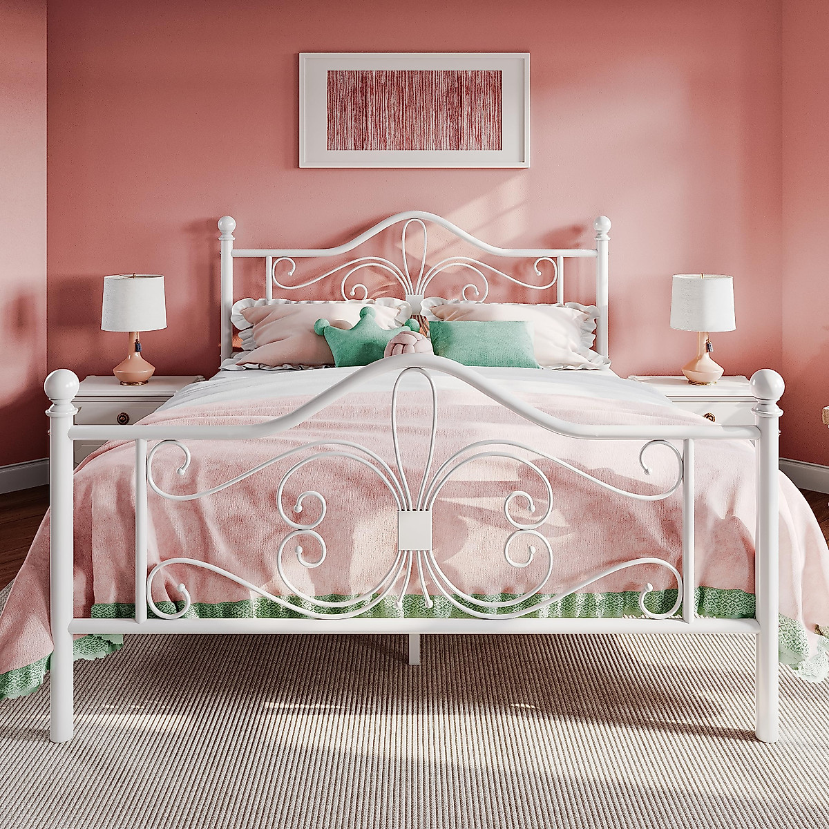 SHA CERLIN Full Size Bed Frame with Headboard,Metal Bed Frame with Butterfly Pattern Design Headboard & Footboard,No Box Spring Needed,Easy Assembly,White
