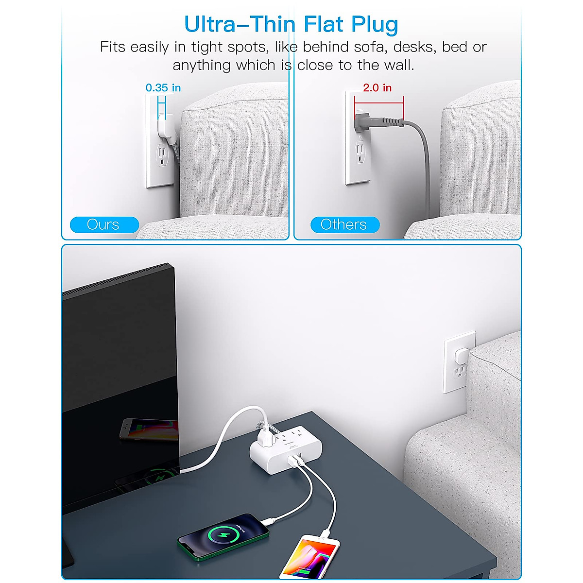 10Ft Surge Protector Power Strip and 6Ft Ultra Thin Flat Plug Power Strip