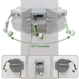 SPECILITE Retractable Heavy Duty Garden Hose Reel, 1/2" X 66 + 5 FT 2 Year Anti-Fading Wall Mounted Hose Reel, Smooth Automatic Rewind, 9 Pattern Sprayer, 180° Swival Bracket, Any Length Lock