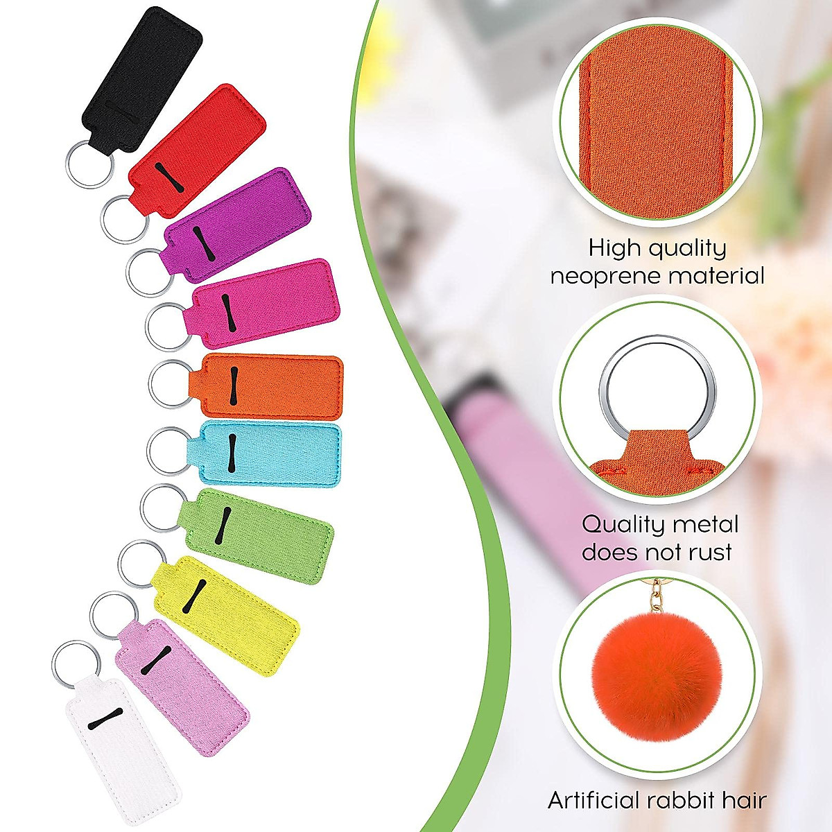 Junkin 40 Pcs Lipstick Holder Keychain Lip Holder, Clip on Lipstick Pouch Fluffy Ball Keychain with Keyring (Colorful Style)