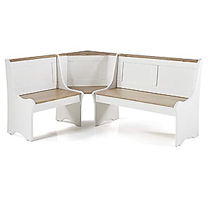 Linon Jackie Pine Wood 3 Piece Patio Conversation Indoor Kitchen Breakfast Table Booth Bench Corner Dining Nook Set in Antique White