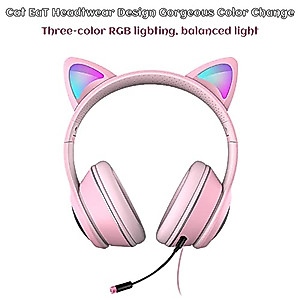 VIGROS Cat Ear Gaming Headphones Wired AUX 3.5mm LED Light, Noise Canceling Game Headphones Stereo Foldable Over-Ear Headsets with Microphone Fit Girls, Kids for PC, PS4, Switch, Xbox, Mobile, Laptop