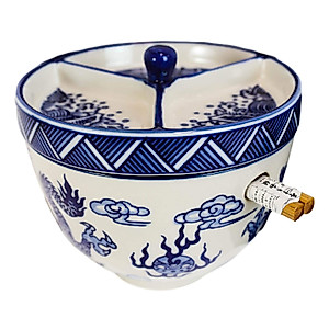 Ebros Japanese Dining Tempura Udon Noodles And Tentsuyu Dipping Sauce Large 6"D Bowl With Condiment Divider Lid And Bamboo Chopsticks And Built In Rest Set (Blue White Oriental Feng Shui Dragon King)