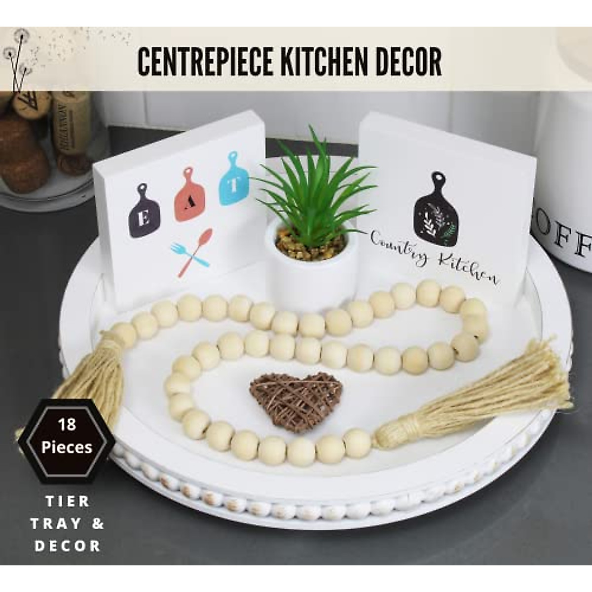 Mahinoko 18 PCs Farmhouse Tiered Tray Stand with Tier Tray Decor - Incl 2 Artificial Succulent Plants - Housewarming Gift New Home Sweet Home - Kitchen Decor Tier Tray Decor Set