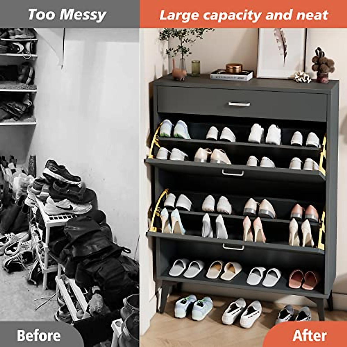 ME2 Shoe Cabinet for Entryway with 1 Slide Drawer & 2 Flip Drawers, Freestanding Shoe Rack Storage Organizer (Grey)
