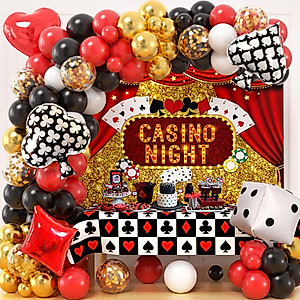 Winrayk 125Pcs Casino Theme Party Decorations Birthday Supplies Casino Red and Black Balloon Garland Poker Tablecloth Casino Backdrop Dice Poker Balloon Casino Games Las Vegas Casino Party Decorations