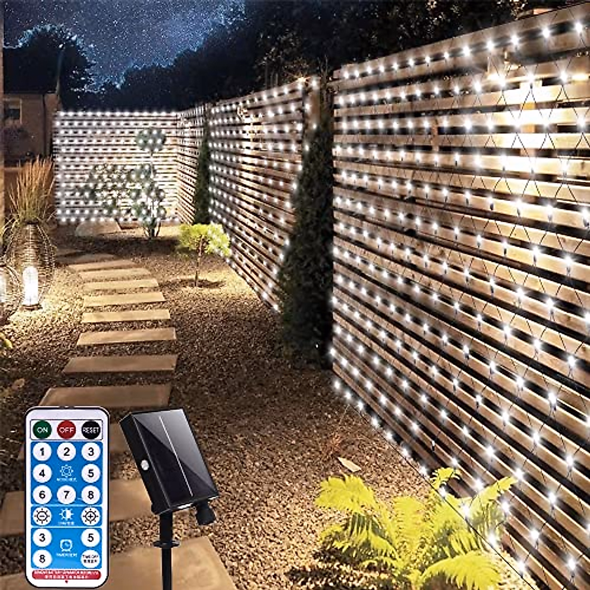 IKNHYEG Outdoor Net Lights Solar Powered Mesh Lights 11.8 x 4.9FT Garden Tree Lights Solar Outside Bushes Lights Waterproof with 8 Modes Timer for Curtain,Balcony,Gazebo(White)