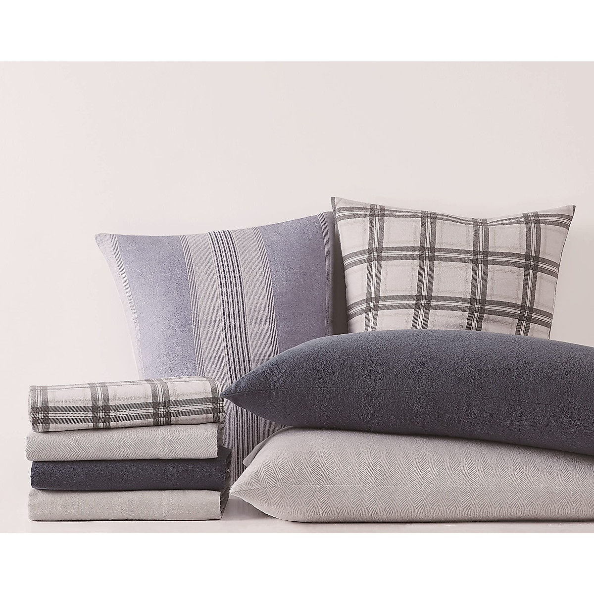 LONDON FOG - King 3 Piece Duvet + Sham Set - Plaid Flannel Collection - Blue Stripe