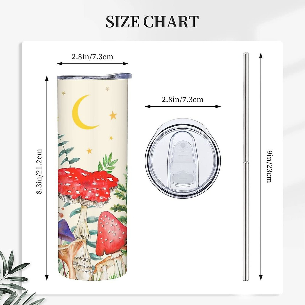 Mushroom Skinny Tumbler Gifts, 20 OZ Straight Tumbler with Straw & Lid Mug Double Wall Vacuum Insulated Mushrooms Cup, Water Tea Bottle Coffee Tumblers Gift for Women Men Teen Birthday Anniversary