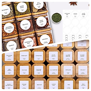 Laramaid 5oz 12Packs Glass Jars Set with Minimalist Spice Labels, Square Spice Jars with Bamboo Lids and White Vinyl Customized Sticker Labels, Food Storage Container Canisters