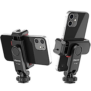 ULANZI Phone Tripod Mount ST-06S, Universal Smartphone Mount Adapter with 2 Cold Shoe, 360° Rotates and Adjustable Cell Phone Clip Clamp Holder, Compatible with iPhone, Samsung Galaxy and All Phones