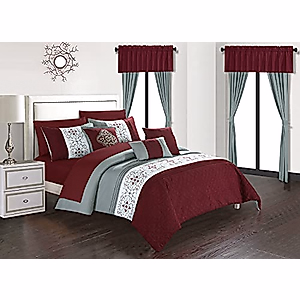 Chic Home BCS06738-AN Emily 20 Piece Comforter Set Color Block Floral Embroidered Bag Bedding, King, Burgundy