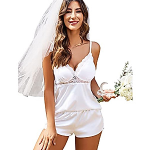 Avidlove Women's Sexy Silk Satin Pajamas Sets Lace Trim Cami Tops Shorts Sleepwear White