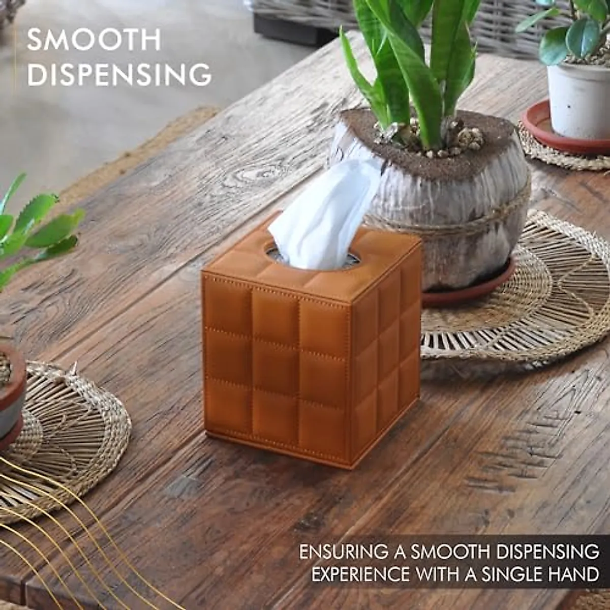 Luxury 5 Star Hotel Style Tissue Box Cover - Sturdy and Stylish Tissue Box Holder with a Custom Height and Modern PU Leather Exterior, 13.5x13.5x15cm - Light Brown