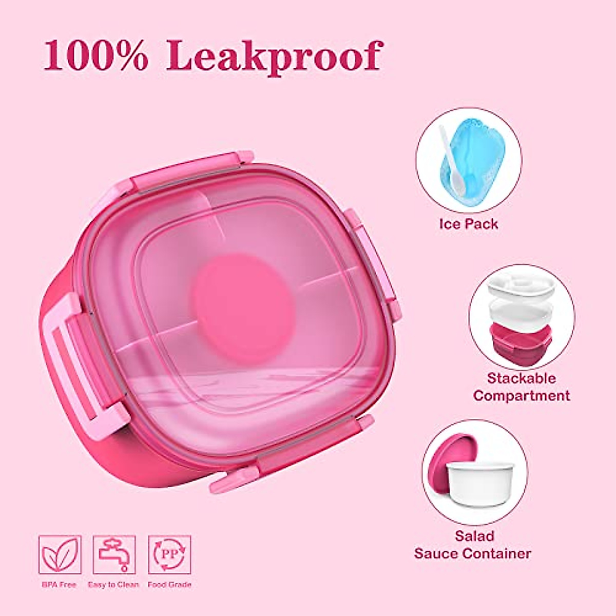 Stackable Salad Lunch Containers With Ice Pack, 1.3L Salad Bowls Bento Box Lunch Container with 4 Compartments Tray, 3oz Sauce Container for Dressings, Built-In Reusable Fork & BPA-Free (Pink)