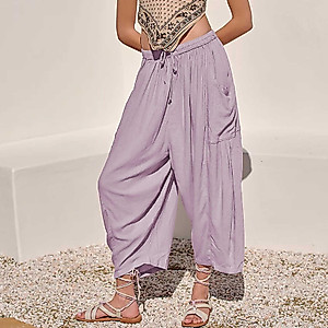 MaLinfandor Women's Oversized Loose Pants Cotton Linen Wide Leg Elastic Waist Relax Fit Bloomers Trousers with Pockets(Light Purple,XL)