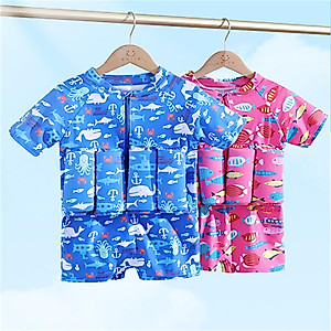 Digirlsor Baby Toddler Girls Boys Float Suit One Piece Rashguard Cartoon Short Sleeve Zip up Buoyancy Swimsuit +Cap Blue, 1-2T