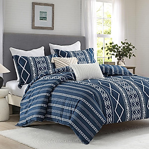DUOMING Boho Duvet Cover King - 100% Cotton Navy Duvet Cover Set, Navy Blue King Duvet Cover with Zipper Closure & 8 Ties, 3 Piece Bohemian Duvet Cover King Set