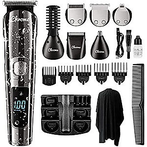 Chrome Hair Clippers & Beard Trimmer for Men, Waterproof Body All in 1 Multi-Grooming Kit, Cordless Hair Trimmer, Mustache, Nose & Ear Shaver, USB Rechargeable & LED Display