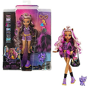 Monster High Doll, Clawdeen Wolf with Purple Streaked Hair in Signature Look with Fashion Accessories & Pet Dog Crescent