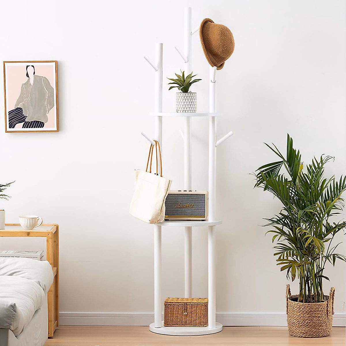 XIDIHF Freestanding Coat Rack with 9 Hooks & 3 Storage Shelves, Wooden Hat Rack Stand for Entryway, Hallway & Bedroom – Ideal for Hanging Clothes, Hats, Bags, Keys, White