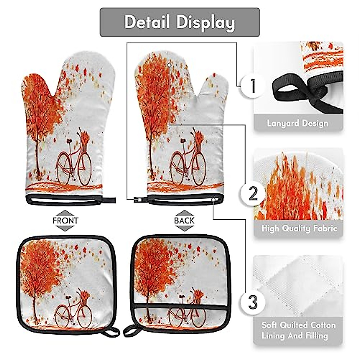 Thanksgiving Fall Leaves Tree Oven Mitts and Pot Holders Sets Heat Resistant Non Slip Oven Glove and Insulated Kitchen Counter Mat Suitable for Cooking Baking Grill