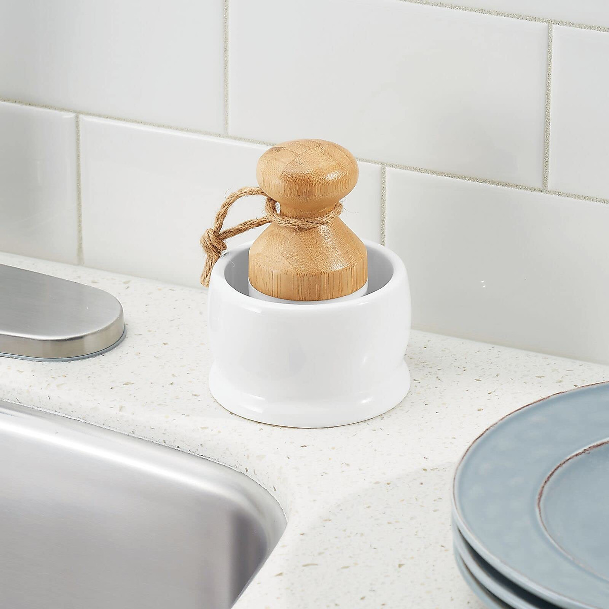 mDesign Bamboo Wood Round Mini Palm Scrub Brush with Holder for Kitchen Sink, Bathroom, Household Cleaning - Wash Dishes, Pots, Pans, Vegetables - Echo Collection - White/Natural