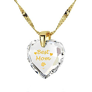 Best Mom Heart Necklace for Mother's Inscribed in 24k Gold with Rose Flower on Crystal Cubic Zirconia Heart-Shaped Romantic Pendant for Her, 18" Chain