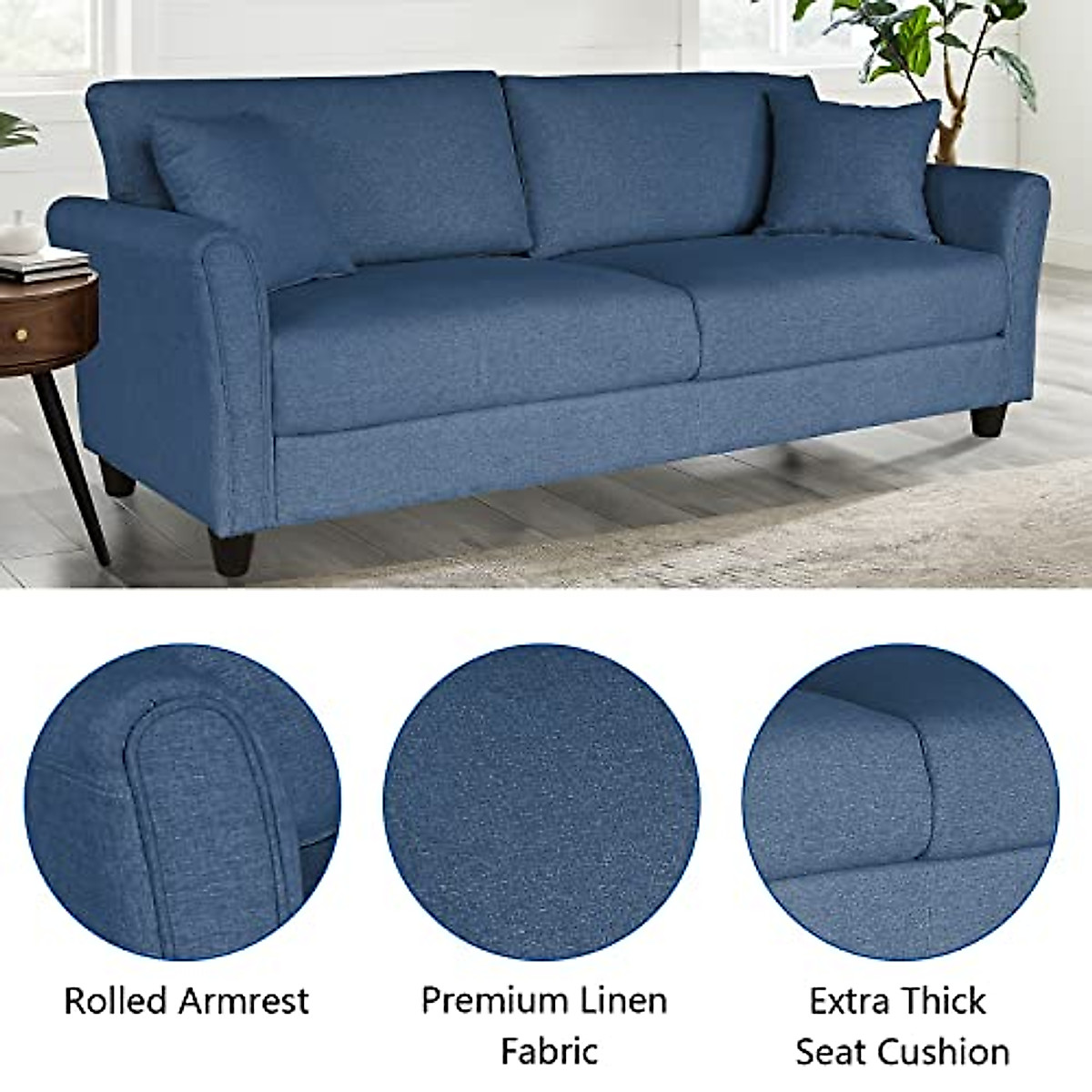 mikibama Linen Fabric Sofa 85 Inches Mid-Century Modern Couch 3 Seater Sofa with 2 Throw Pillows Upholstered Sofa with Rolled Armrest for Living Room, Apartment, Bedroom (Dark Blue)