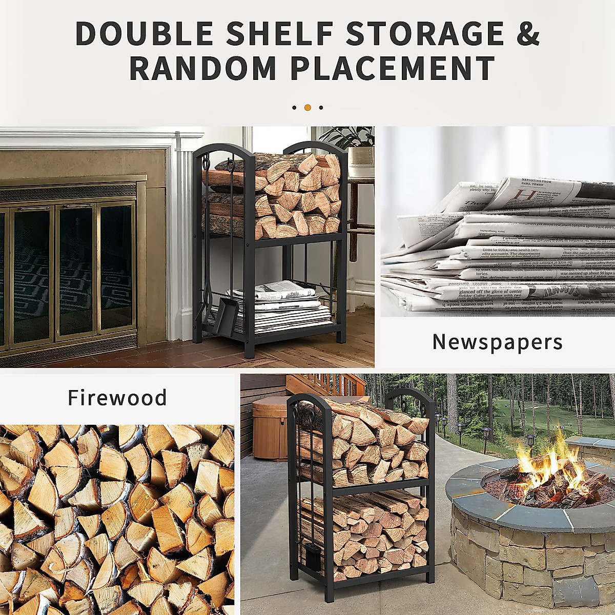 Mr IRONSTONE Firewood Rack with Fireplace Tools Set, Fireplace Tool Rack for Indoor Outdoor Fire Log Holder Wrought Iron Large Wood Stove with Firepit Tools, Brush, Shovel, Poker, Tongs, Black