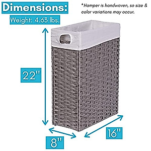 BIRDROCK HOME 22" Slim Laundry Hamper with Removable Liner Bag | Grey | Handwoven | Compact Collapsible Clothes Basket | Synthetic PE Rattan