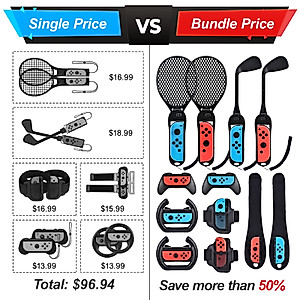 innoAura 14 in 1 Switch Sports Accessories Bundle, Switch Sports Bundle with Switch Steering Wheel, J-con Grip, Tennis Racket, Glof Club, Leg Strap, Wrist Strap Compatible with Switch/Switch OLED