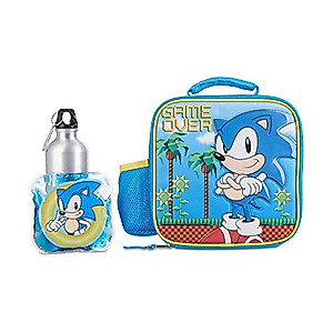 AI ACCESSORY INNOVATIONS Sonic Lunch Box Set for Boys & Girls, Stainless Steel Water Bottle with Carabiner Clip and Ice Pack, Insulated & Waterproof Lunch Bag with Zipper, 4 Pieces