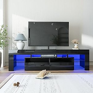 SUSSURRO LED TV Stand for 60/65/70 inch TV, Modern Gloss Entertainment Center with Drawer and Glass Open Shelf, Television Table Center Media Console for Living Room Bedroom， Black
