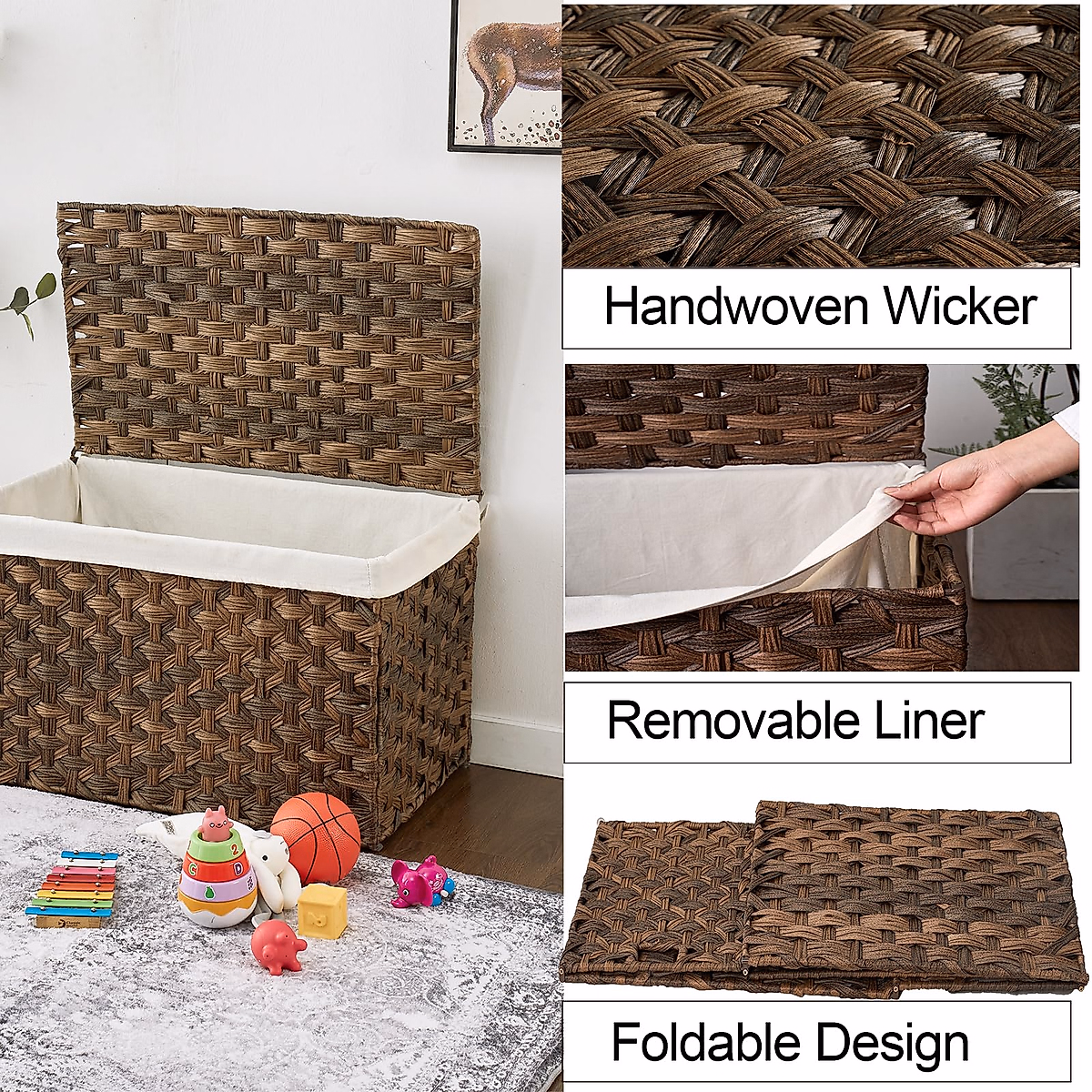 MOORLITER Wicker Storage Basket with Lid, 42.3 Gallon (160L) Large Blanket Basket with Lid, Woven Storage Bin with Handles, Removable Liner, Metal Frame, Foldable, for Bedroom, Laundry Room, Brown