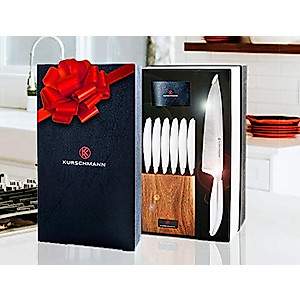 Kurschmann 15-Piece Knife Set CLEARANCE in Upright Acacia Block, White Handles with Stainless Steel Chef's Knife, 6 Steak Knives + Santoku, Bread, Carving, Paring, & Utility Knife + Scissors & Rod