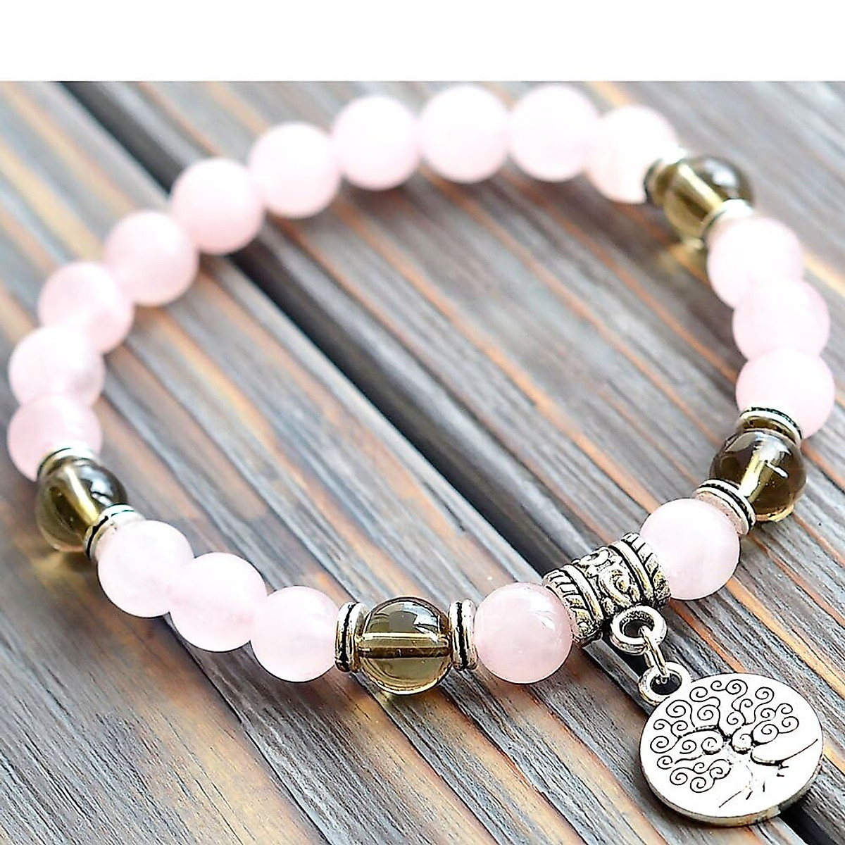 Heart Healing Bracelet with Charm Natural Semi-Precious Stone Beads Rose Quartz + Smoky Quartz Tree of Life Handmade Bracelet USA HANDMADE
