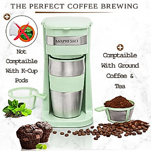 Mixpresso Personal Single Serve Coffee Maker & 14oz Travel Mug, Drip Coffee Brewer & Tumbler, Auto Shut Off & Reusable Filter, Green Coffee Maker Compatible with Coffee Grounds