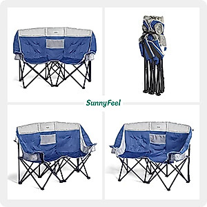 SUNNYFEEL Folding Double Camping Chair, Portable Duo Loveseat Chair, Padded Foldable Lawn Chairs with Cup Holder for Beach/Outdoor/Travel/Picnic, Fold Up Camp Chairs for Adults Heavy Duty 2 Person