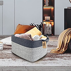 COMFY-HOMI 13.5"x11"x 9.5" Square Cotton Rope Woven Basket with Handle Laundry Storage Bin (Set of 2) Brown and Light Grey