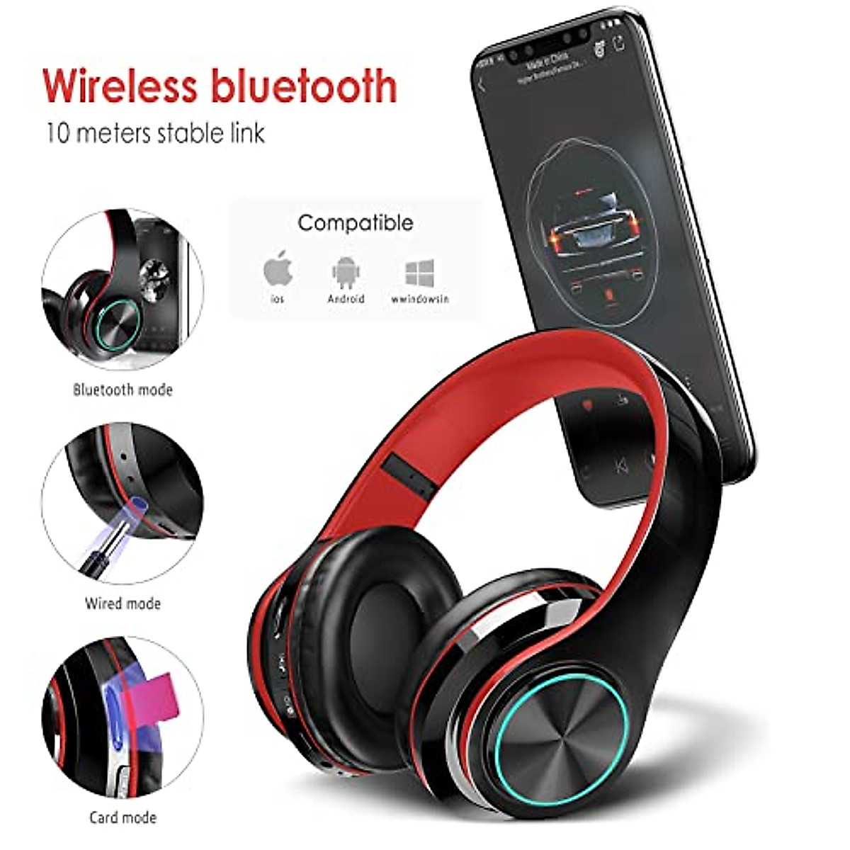 iChenovo 2022 Wireless Bluetooth Headphones,Colorful LED Lights Comfort Over Ear Foldable Headset with Built-in Microphone,FM,SD Card Slot,Wired for School/Tablet Computer/PC/TV/Cellphones/Travel