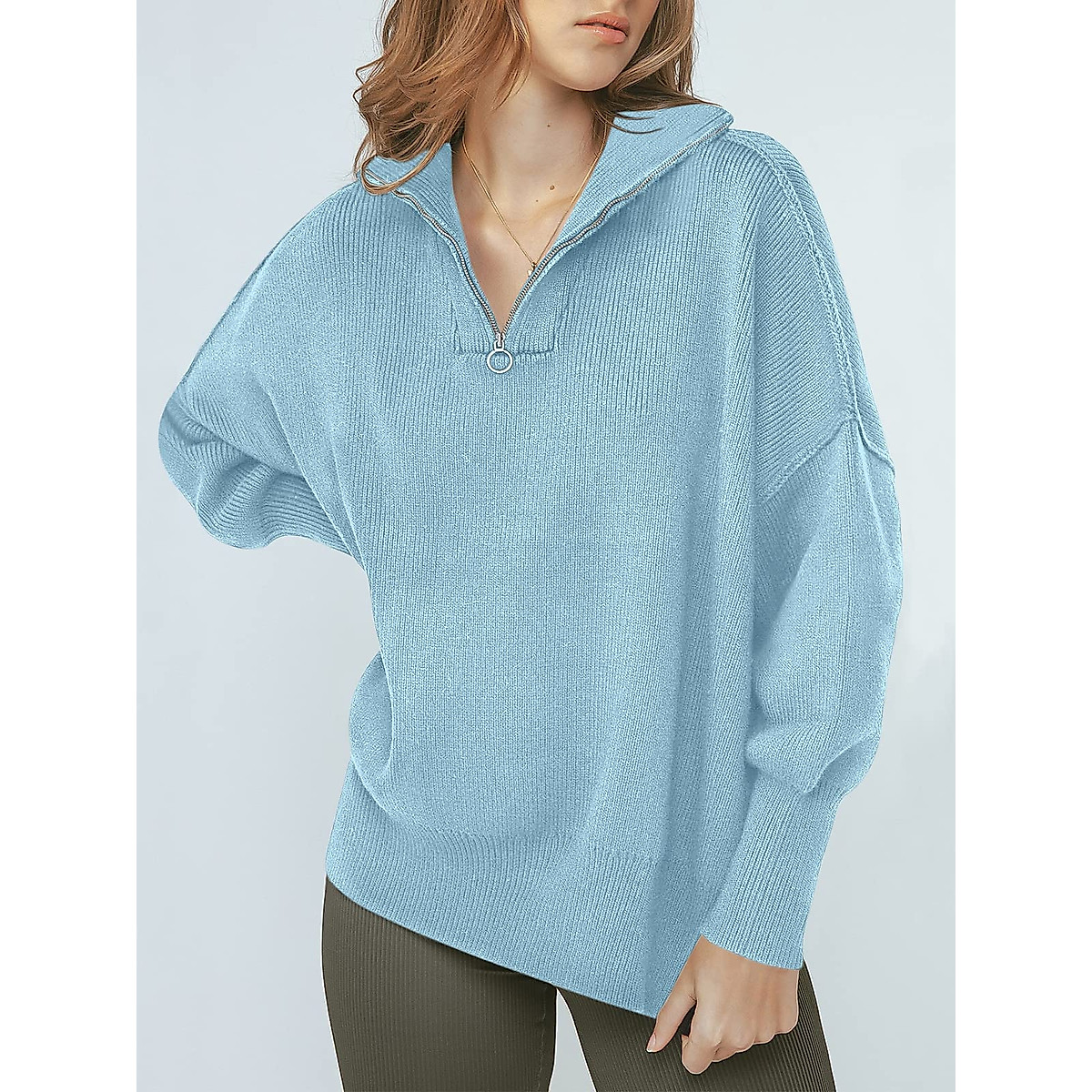 ANRABESS Women's Oversized Fashion Long Sleeve Quarter Zip Baggy Loose Slouchy Sweater Pullover Tops 2024 Fall Outfits Light Blue Medium
