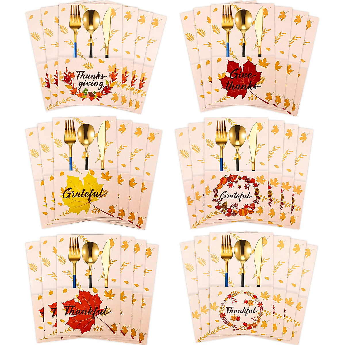36 Pieces Thanksgiving Utensil Holders Maple Leaf Silverware Cutlery Holders Paper Pocket Knife Fork Holder Bag Give Thanks Cutlery Holders for Thanksgiving Fall Harvest Party Dinging Table Supplies