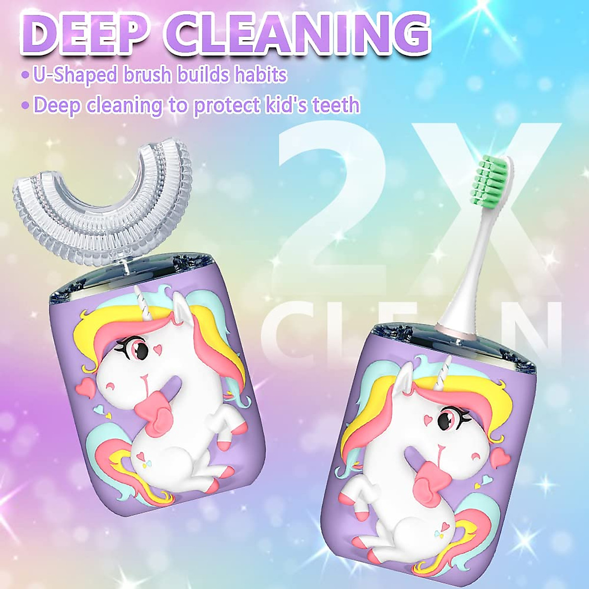 KRX Kids Toothbrush Electric, U Shaped Ultrasonic Automatic Toothbrush with 2 Brush Heads, Six Cleaning Modes, Cartoon Modeling Design for Kids, Special for Birthday Gift (Purple, Kids 2-7)