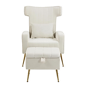 X-VOLSPORT Wingback Accent Chair and Storage Ottoman Set for Living Room Bedroom, Modern Upholstered Velvet Armchair with Footrest & Gold Metal Legs, White, Pillow Included