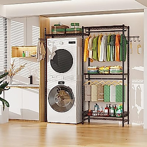 LEHOM Clothes Drying Rack,Over The Washer and Dryer Storage Shelf,Over Dryer Towel Racks Bathroom Space Saving 2 Tiers Adjustable Height Standing Shelving Units with Wire Basket Side Hook-Carbon Steel