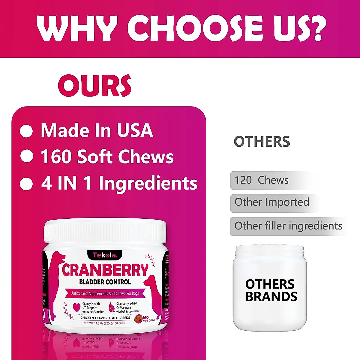 Cranberry Bladder Health for Dogs - Dog Antioxidant- 160 Cranberry Soft Chew Supplements for a Healthy Urinary Tract and Bladder Control – Made with Cranberry & D-Mannose & Vitamins (Chicken Flavor)